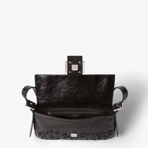Fendi Baguette® 26424 Crackled Black Leather Bag With Wedge-shaped Mirrors